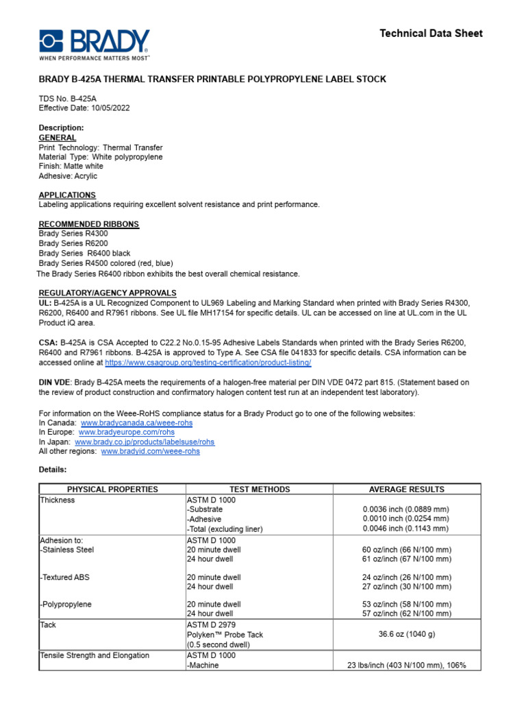 Brady bmp71 Wire and Cable Flag Polypropylene Labels m71 r4300 | PDF