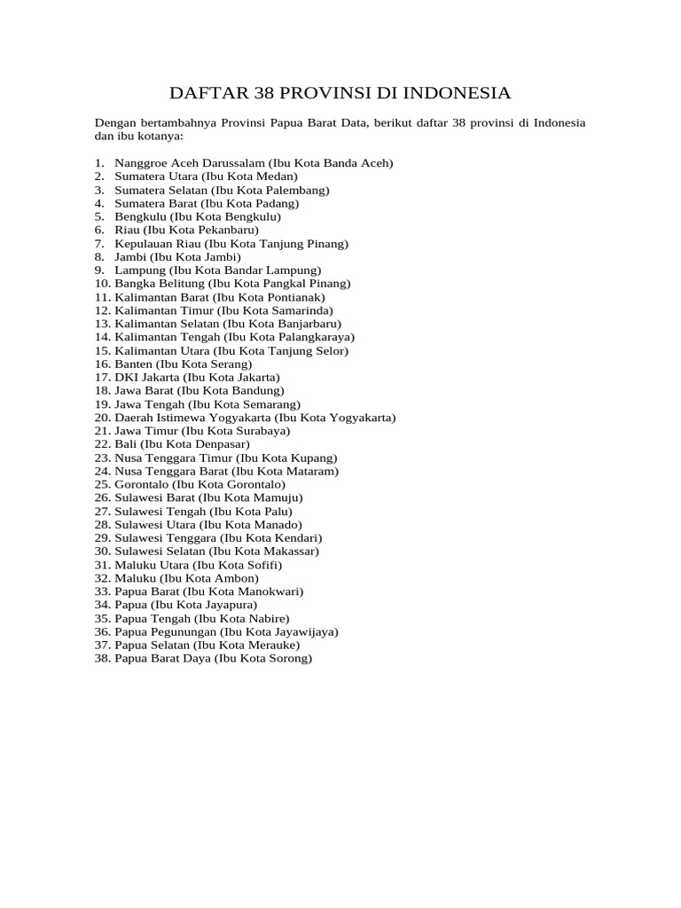 Daftar 38 Provinsi Di Indonesia Beserta Ibukotanya Pdf 