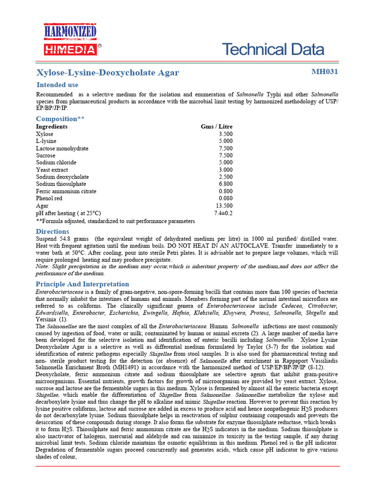 MH031 Xylose-Lysine-Deoxycholate Agar, Harmonized | PDF | Growth Medium | Salmonella