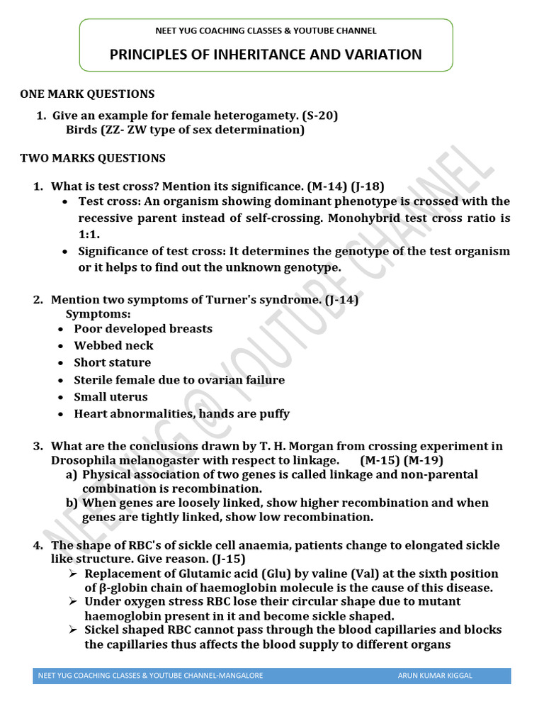 Principles of Inheritance and Variation Pyqs | PDF | Dominance (Genetics) | Sex