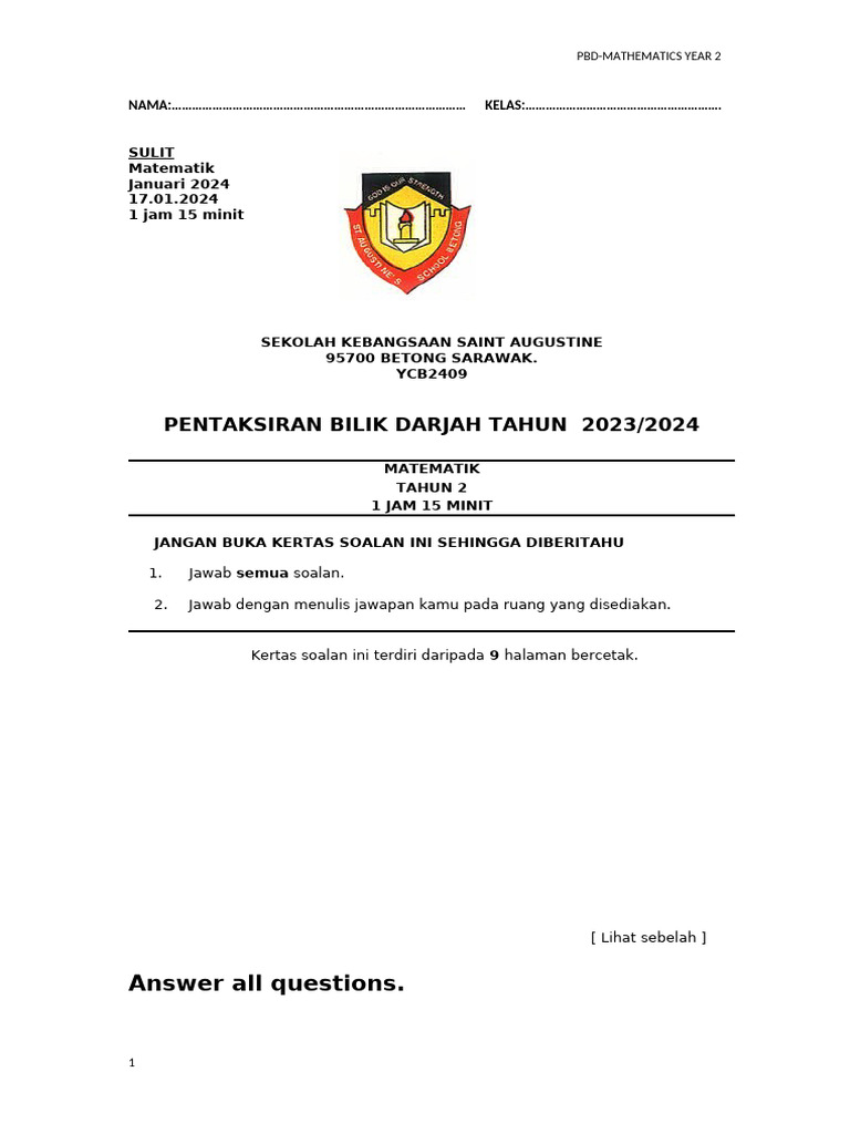 Uasa Maths Yr2 2023 2024 | PDF