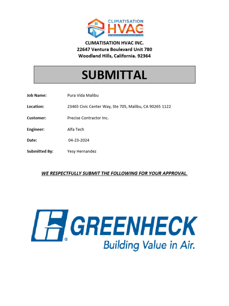 Submittal GreenHeck (Pura Vida) | PDF | Electric Motor | Electrical Engineering