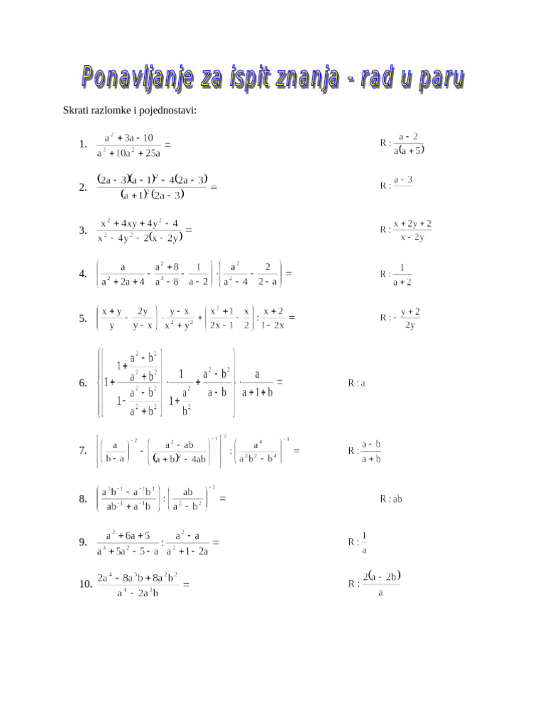 Algebarski Razlomci Par | PDF
