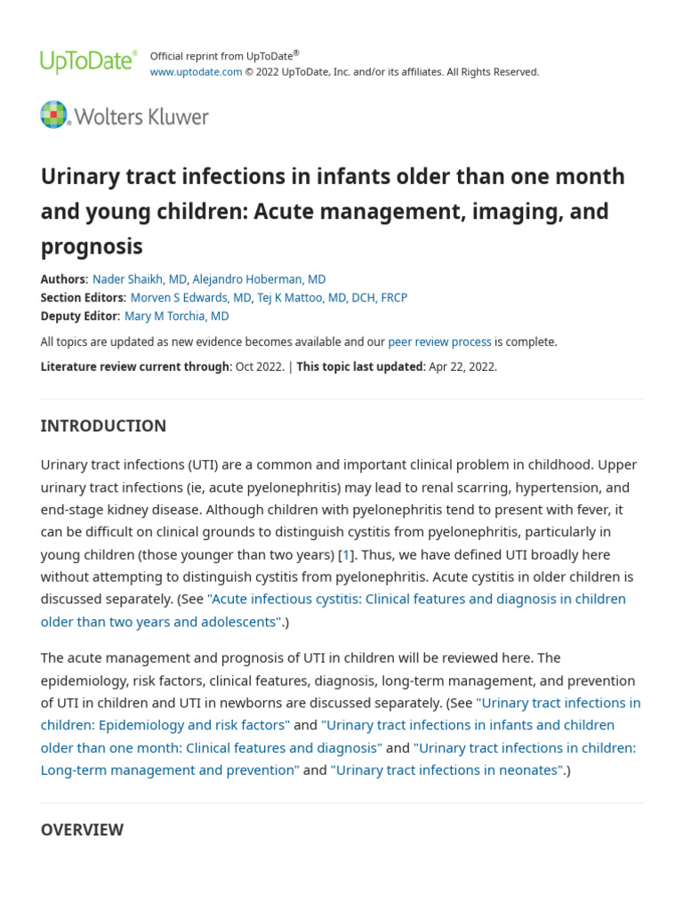 Urinary Tract Infections in Infants Older Than One Month and Young ...