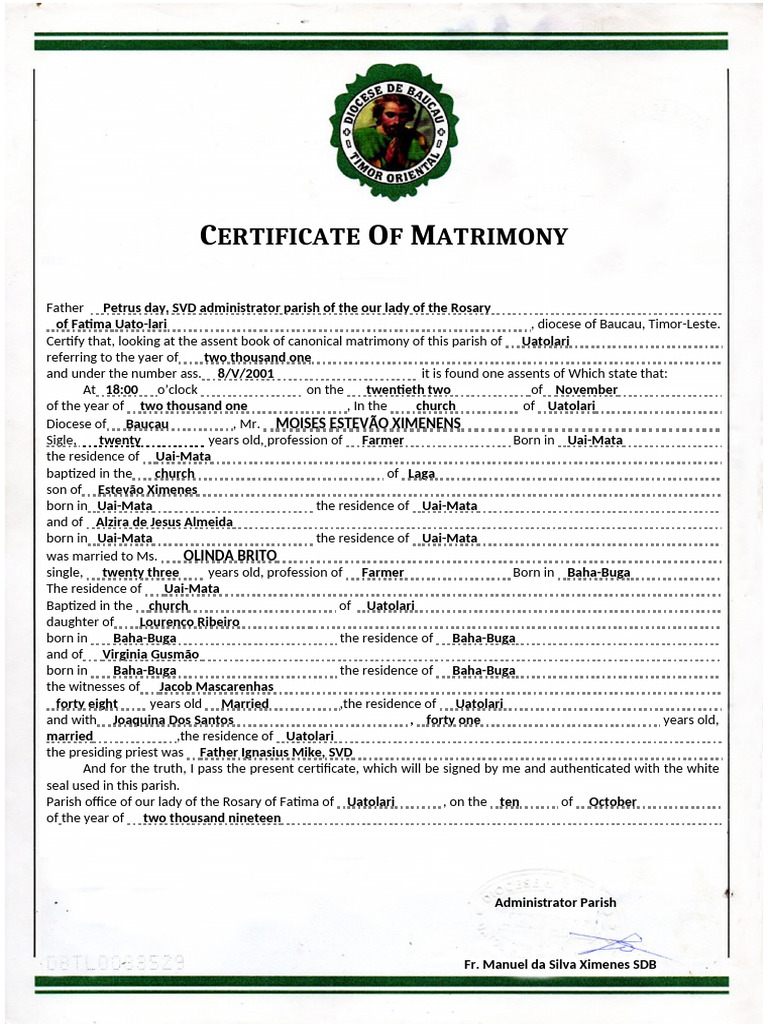 Certificate of Matrimony | PDF