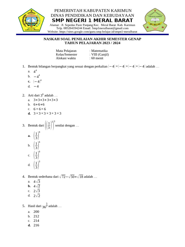 Soal PTS MTK Kelas 8 Ganjil | PDF