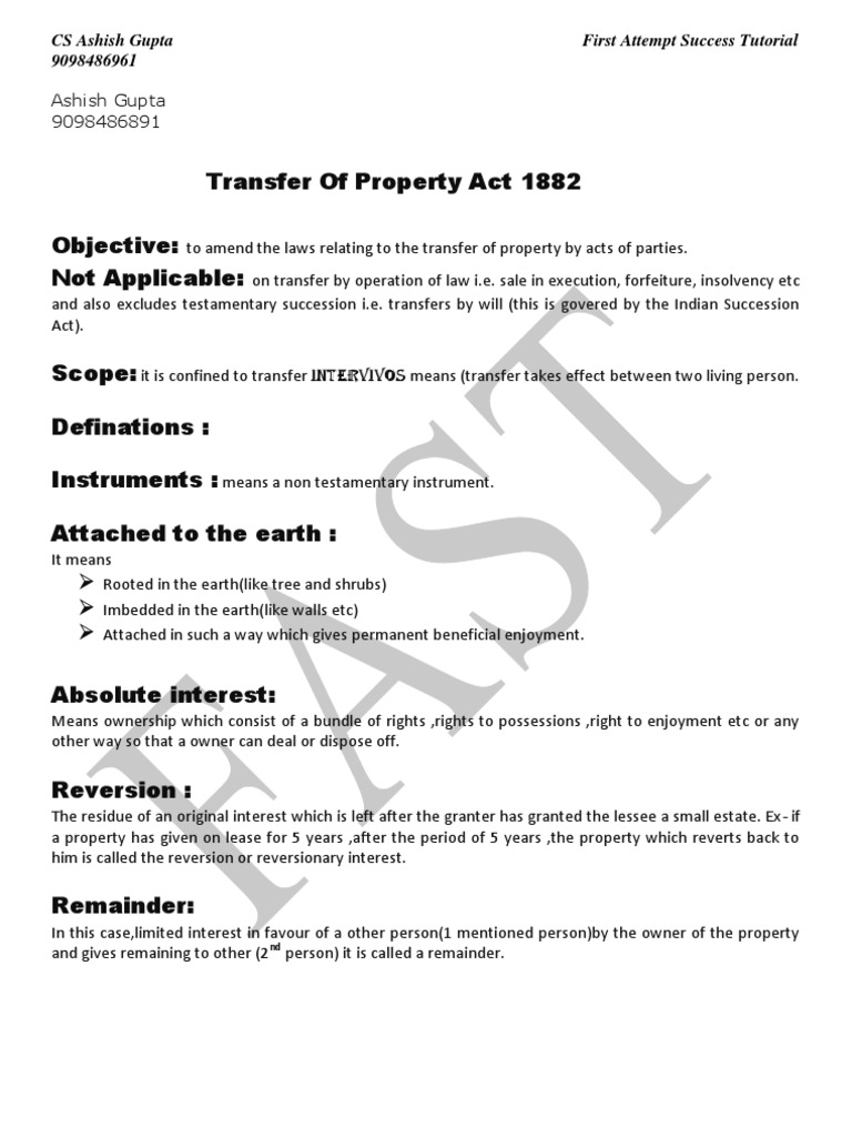 Transfer of Property Act 1882 CS | Mortgage Law | Lease