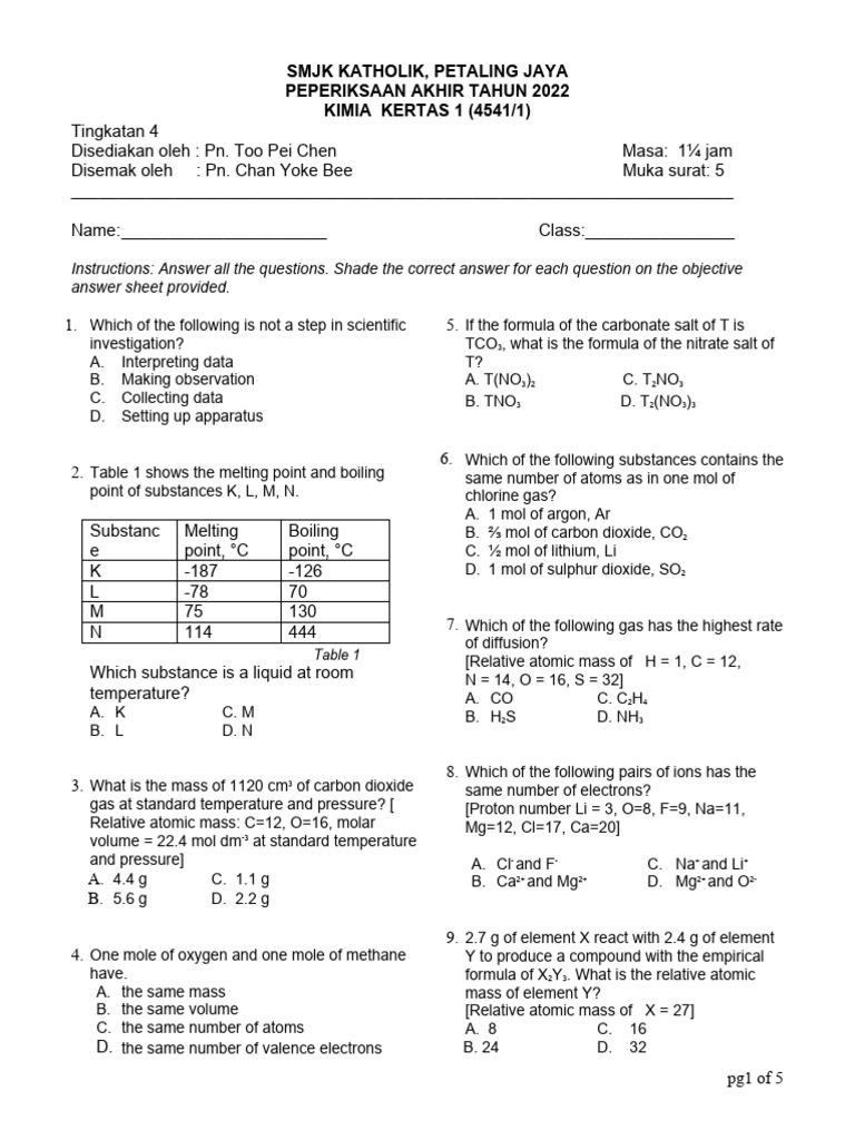 Form 4 Chemistry Past Year Paper (2022 paper 1 akhir tahun) | PDF
