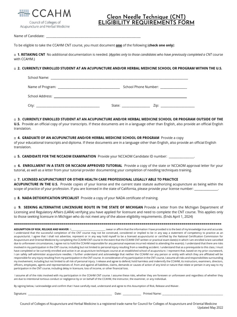 CNT Eligibility Requirements Form Revised May 2022 (Fillable) | PDF