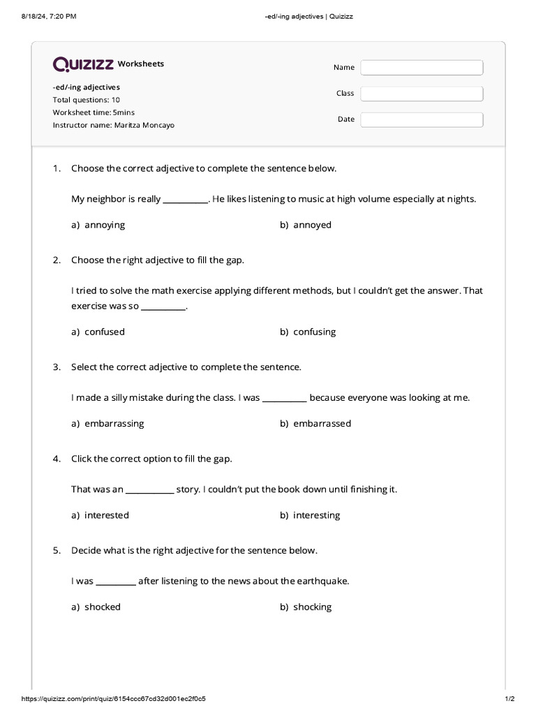 SOAL - Ed - Ing Adjectives - Quizizz | PDF