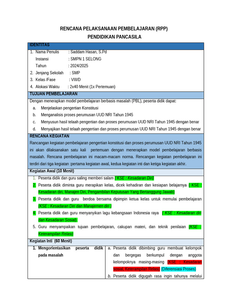 RPP Kse & Diferensiasi 2024 | PDF