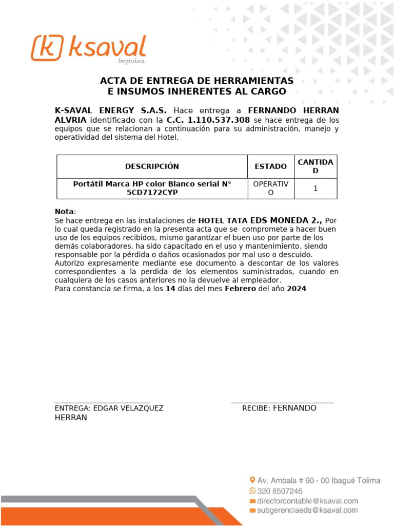 Acta de Entrega de Equipos | PDF