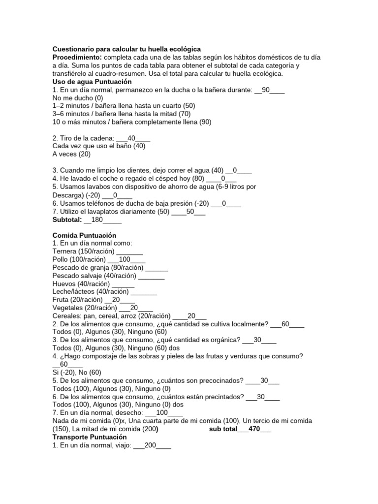 Cuestionario para Calcular Tu Huella Ecológica | PDF Cuestionario para Calcular Tu Huella Ecológica | PDF