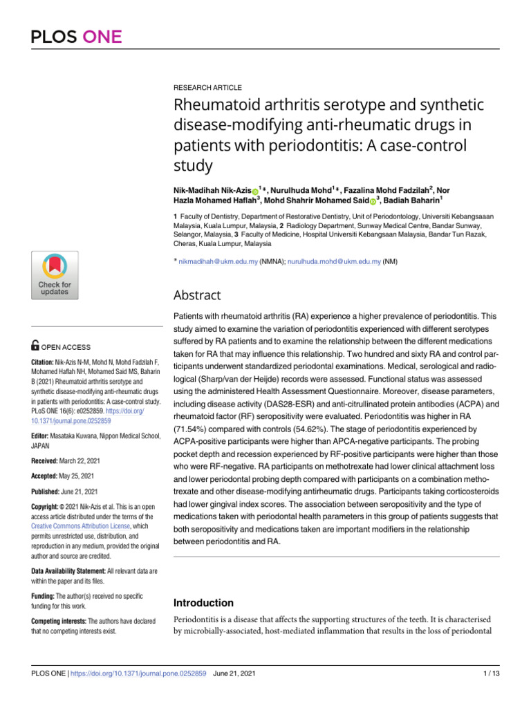 Plos One Paper June 2021 | PDF | Periodontology | Rheumatoid Arthritis