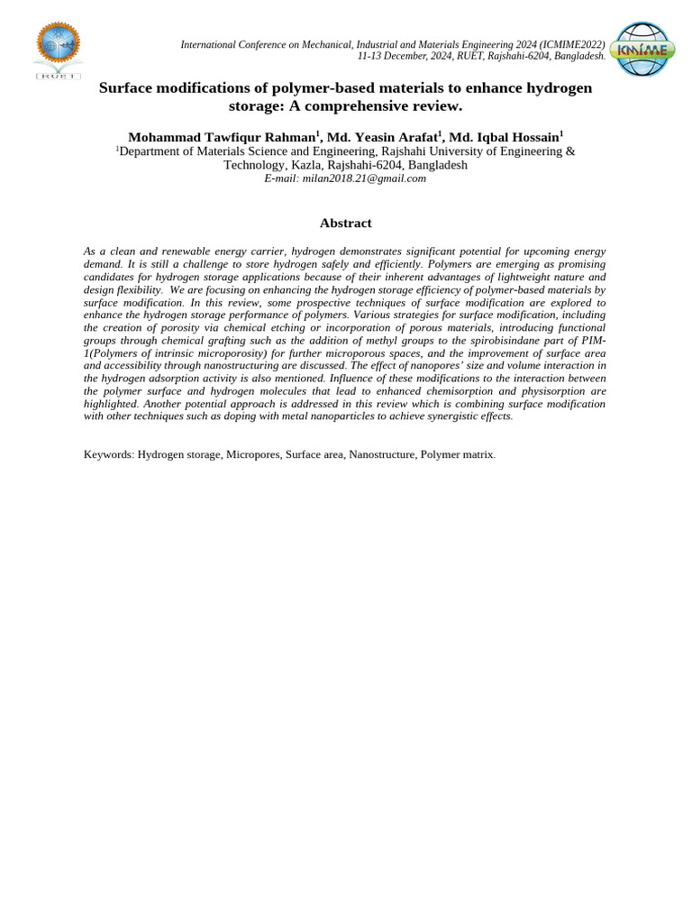 Surface Modifications of Polymer Based Materials To Enhance Hydrogen | PDF