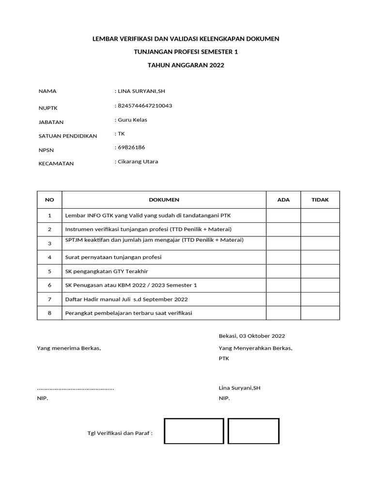 LEMBAR VERIFIKASI DAN VALIDASI KELENGKAPAN DOKUMEN Ok | PDF
