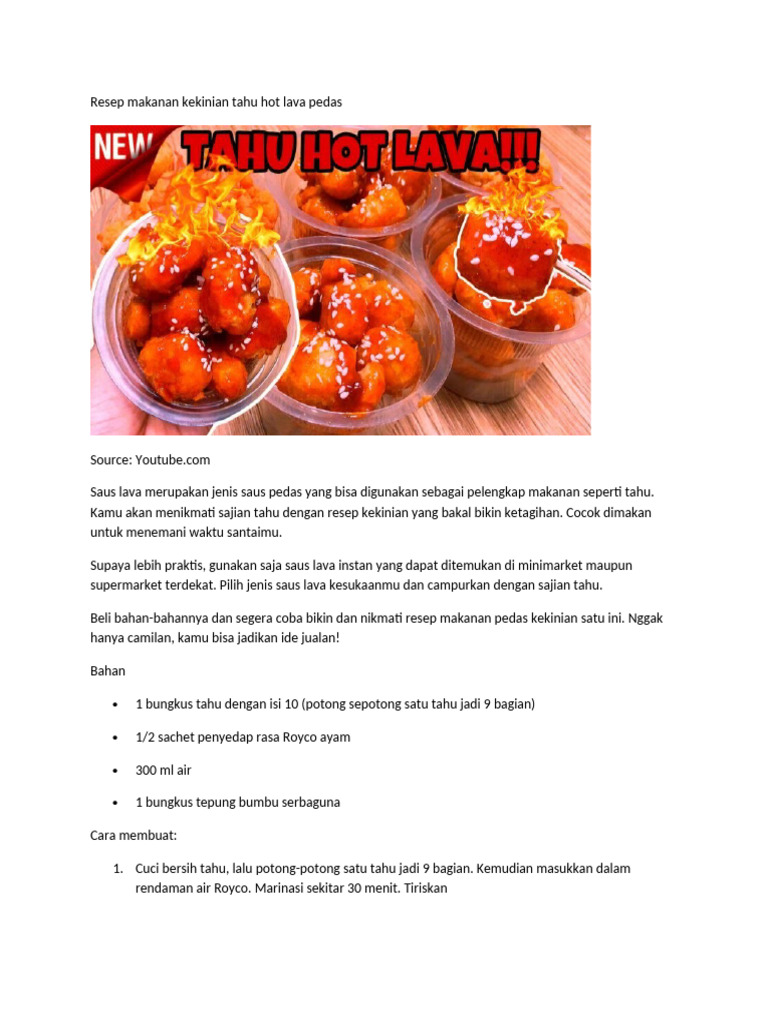Resep Makanan Kekinian Tahu Hot Lava Pedas | PDF