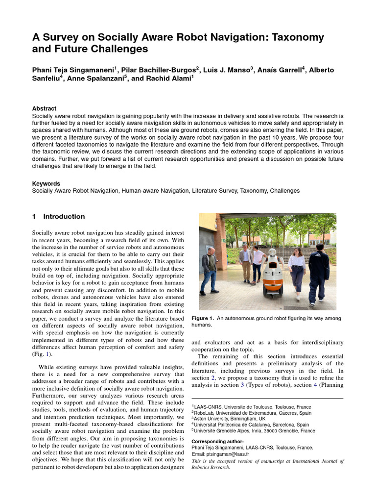 A Survey On Socially Aware Robot Navigation - Taxonomy and Future Challenges | PDF