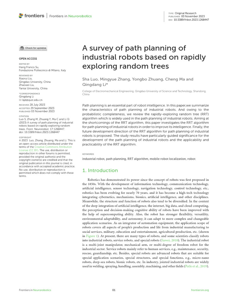 A Survey of Path Planning of Industrial Robots Based On Rapidly Exploring Random Trees | PDF