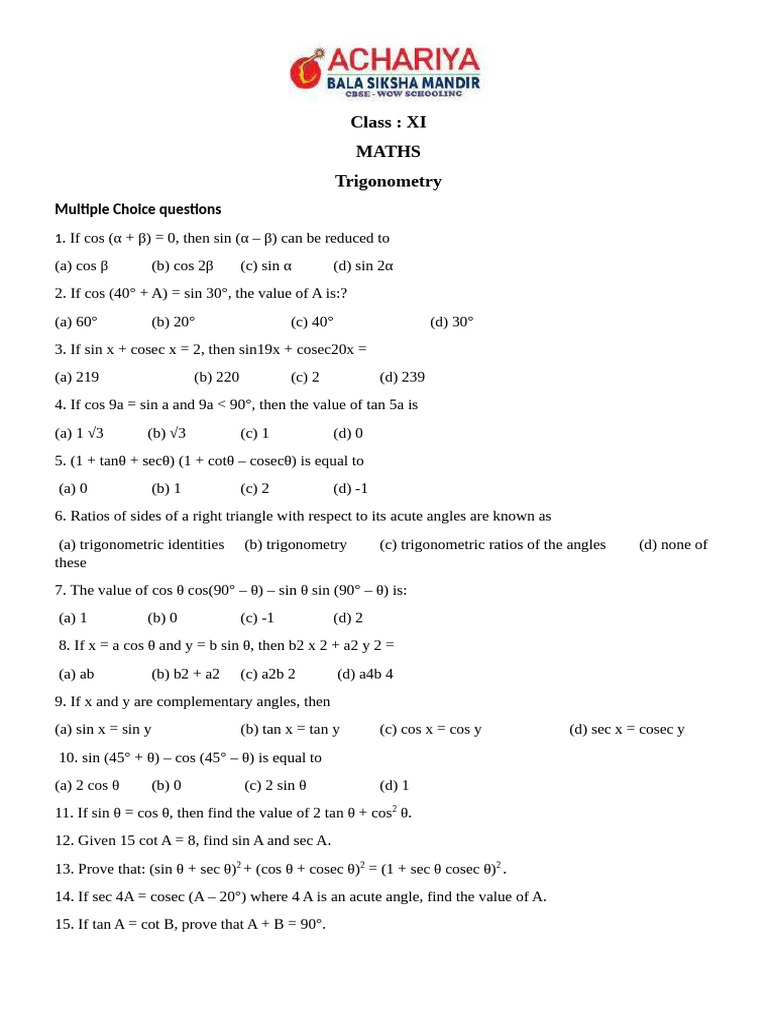 Class XI Trigonometry MCQs | PDF