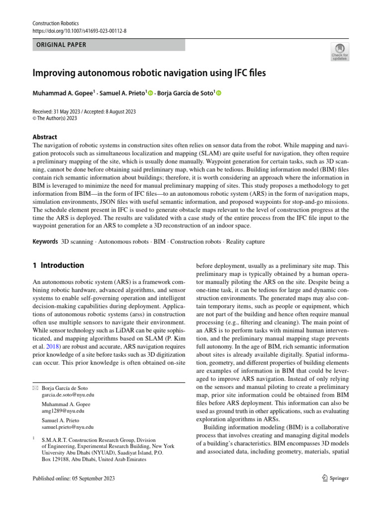 Improving Autonomous Robotic Navigation Using IFC Files | PDF
