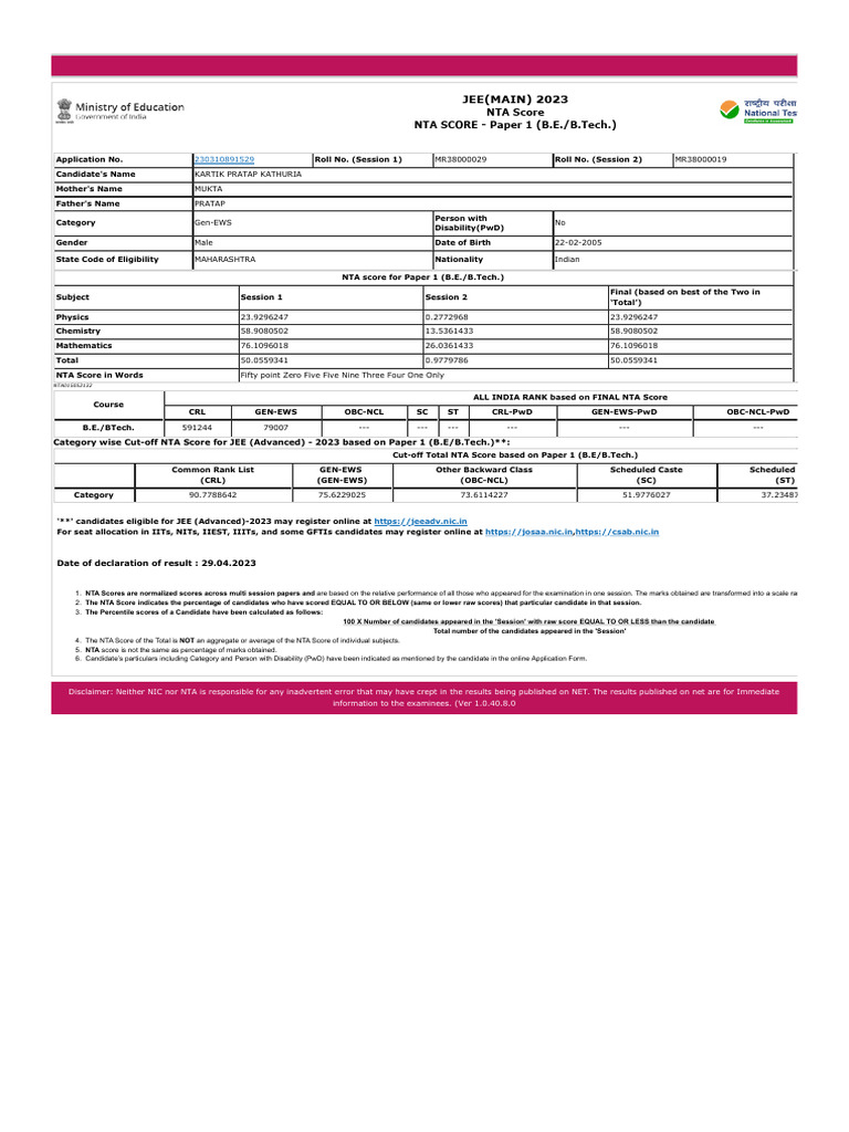 JEE (MAIN) 2023: NTA Score NTA SCORE - Paper 1 (B.E./B.Tech.) | PDF