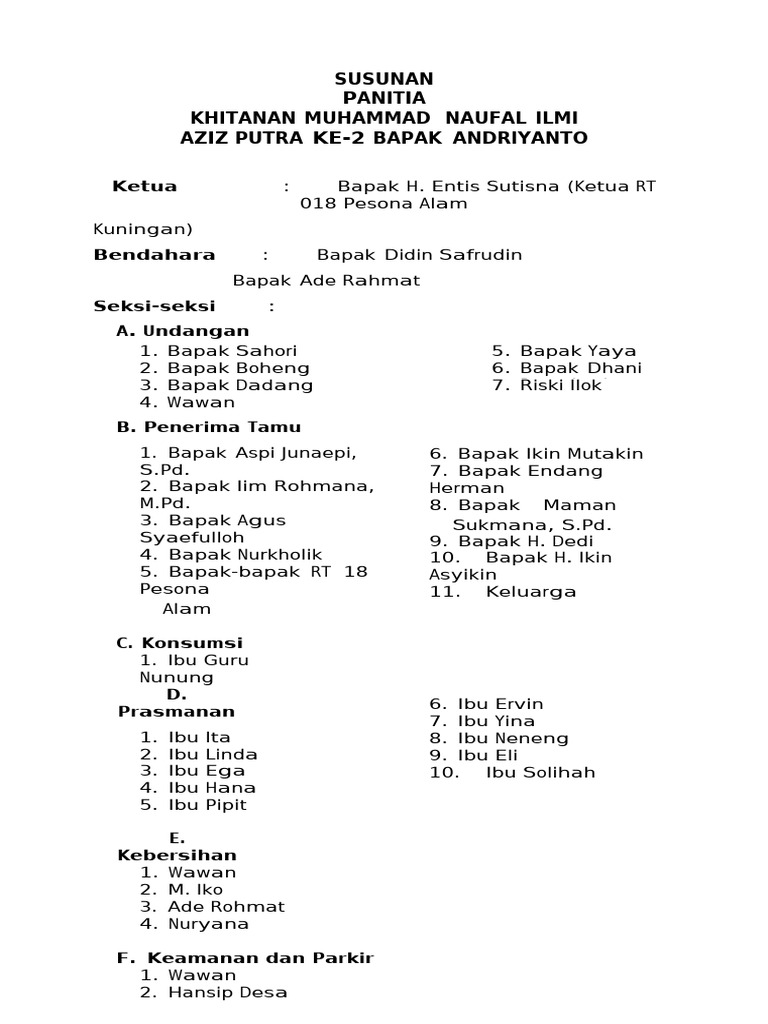 Susunan Panitia Khitanan M Naufal PDF Free | PDF