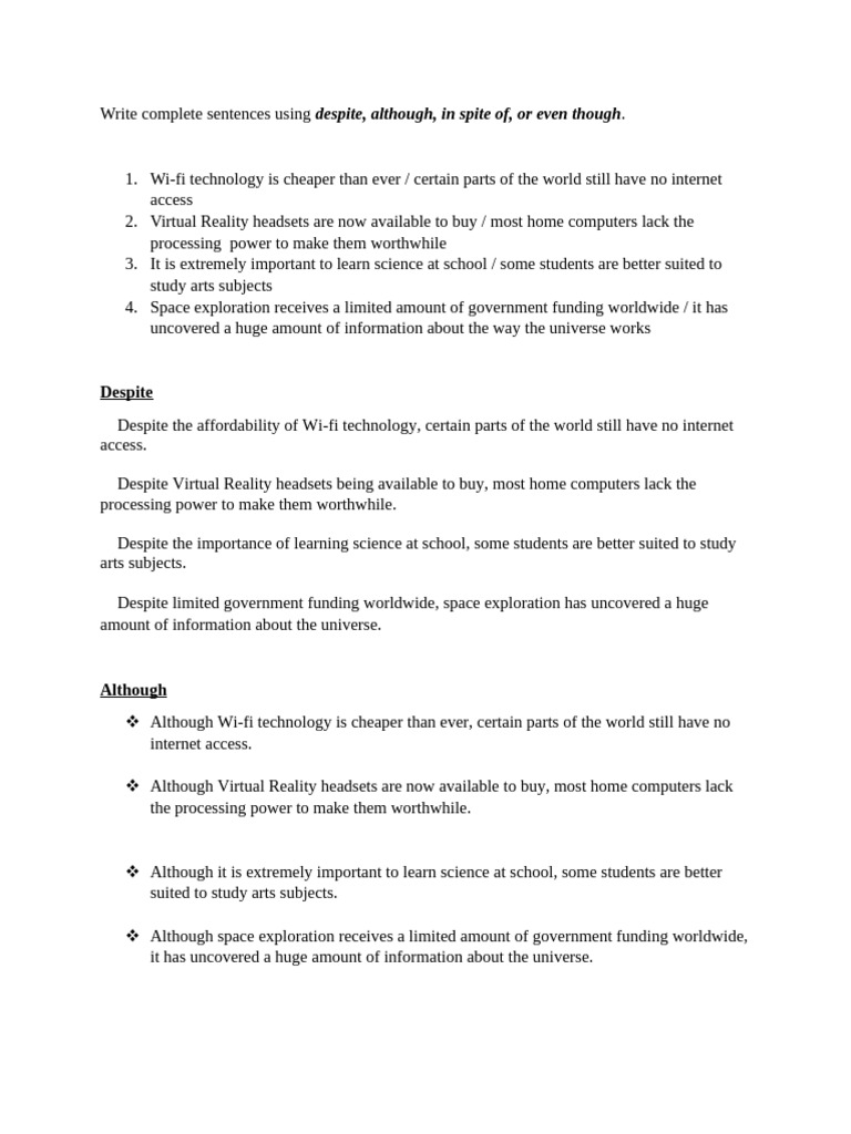 Write Complete Sentences Using Despite | PDF