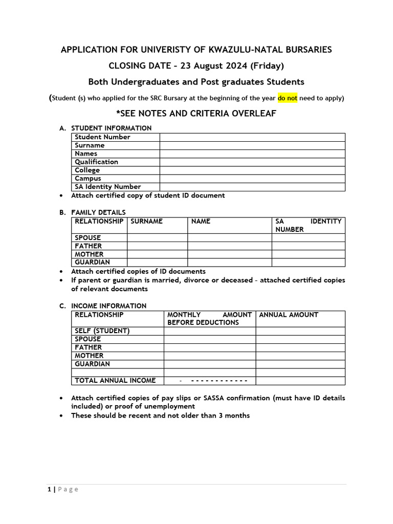 Application Form UKZN Bursary Funding 2024 | PDF