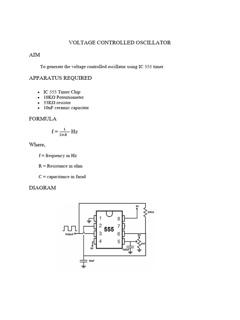 To Generate The Voltage Controlled Oscillator Using IC 555 Timer | PDF