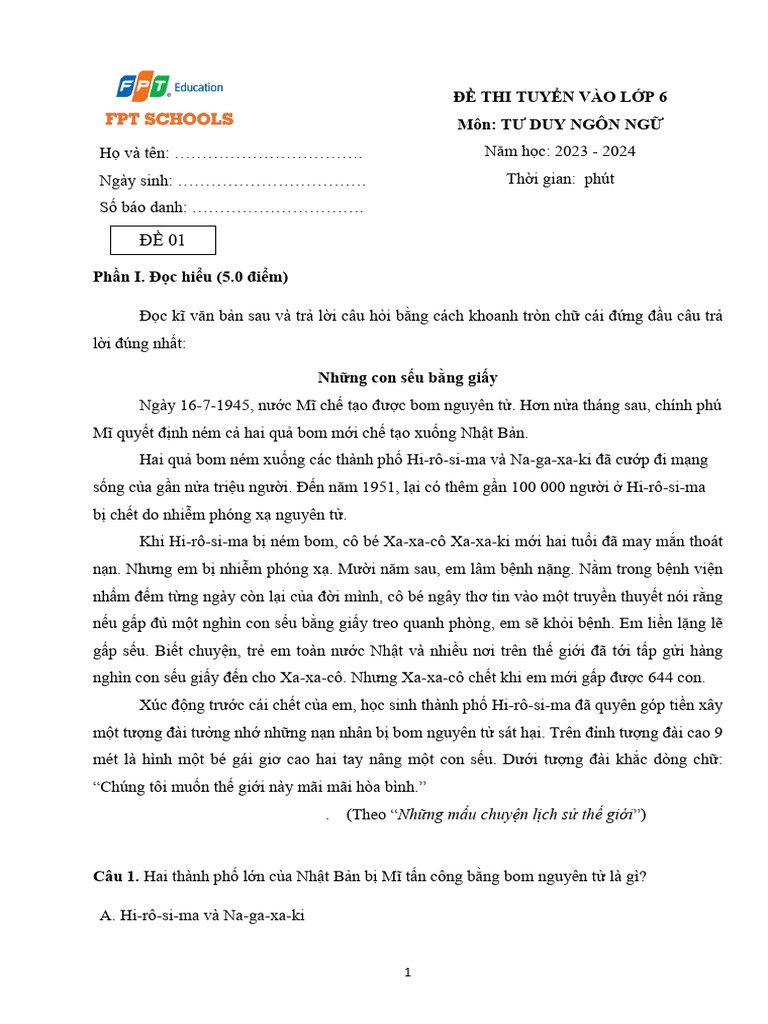 TS6 - Tư Duy Ngôn Ngữ - Đề 1 - Đợt 2 | PDF