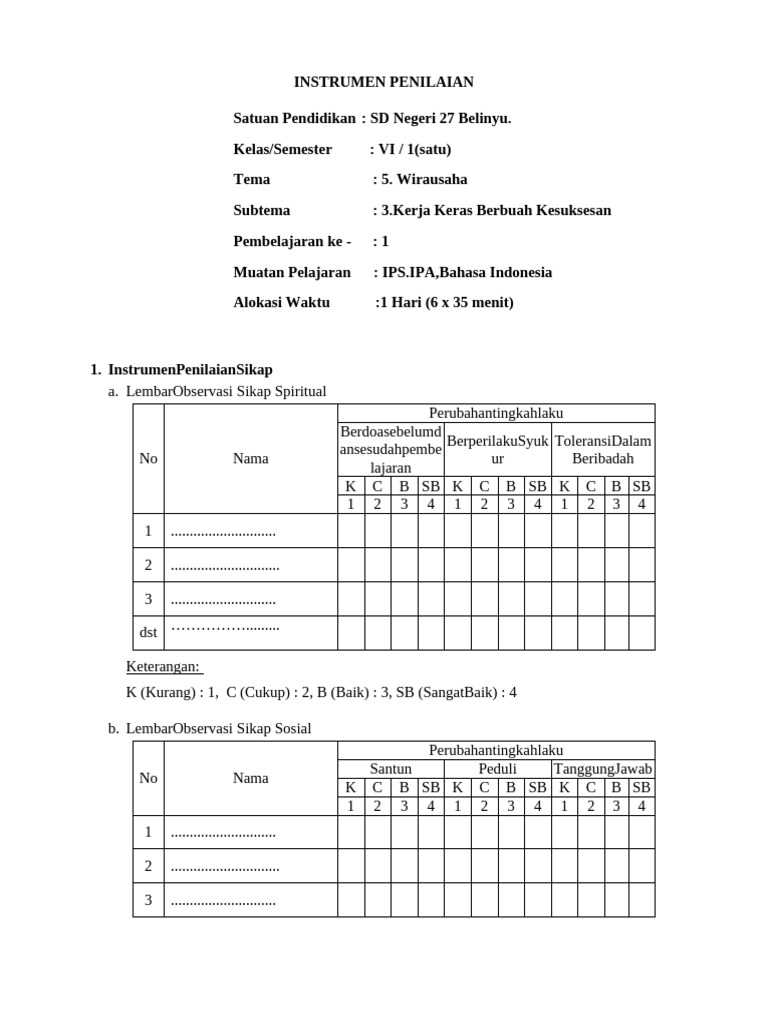 Instumen Penilaian Tema 5 Sbtma 1 PB 1 | PDF