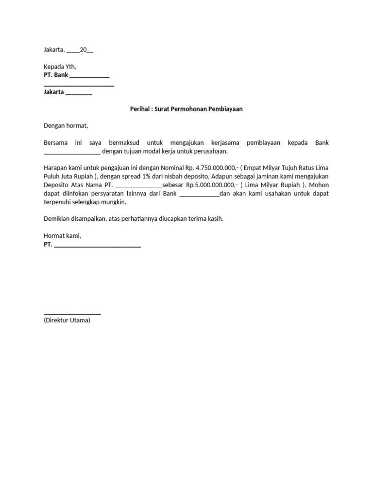 DRAFT Surat Permohonan Pembiayaan BANK | PDF