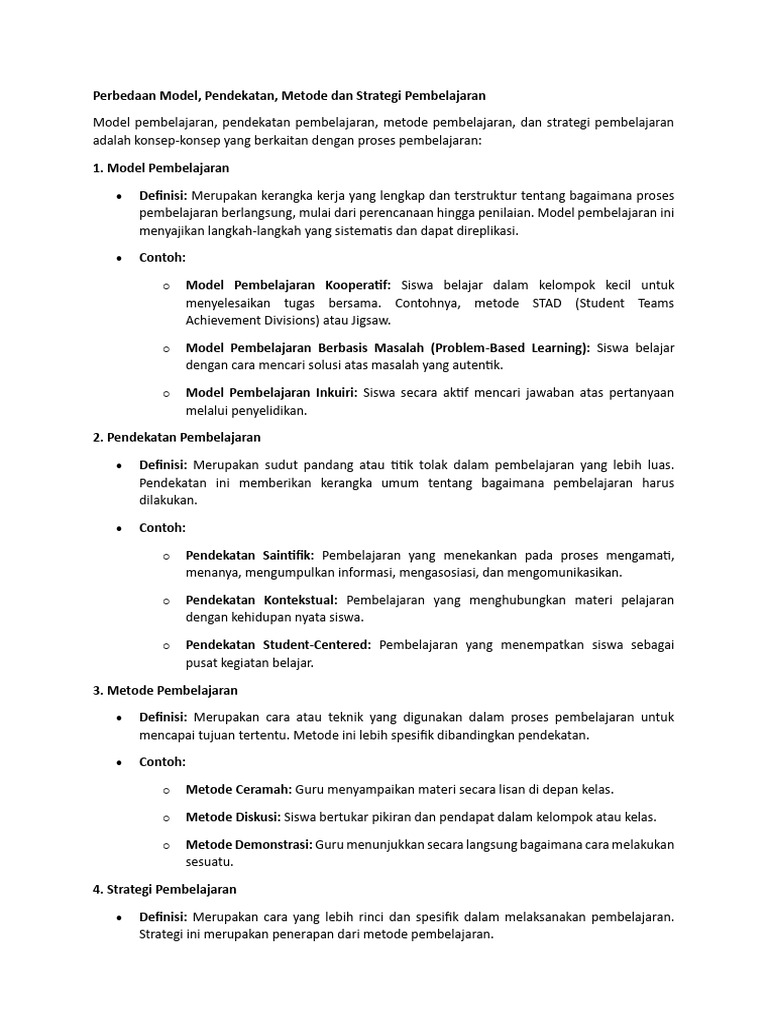 Perbedaan Model Pendekatan Metode Dan Strategi Pembelajaran | PDF | Seni | Pengembangan Diri