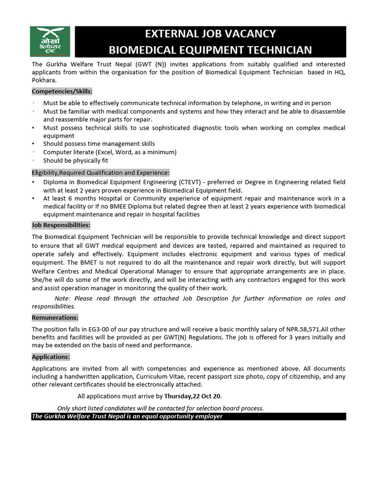 Sample Job Vacancy Advertisement For Hospital Equiqment Technician BMET ...