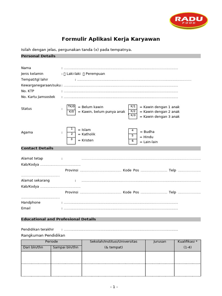 Form Aplikasi Karyawan - Radu | PDF