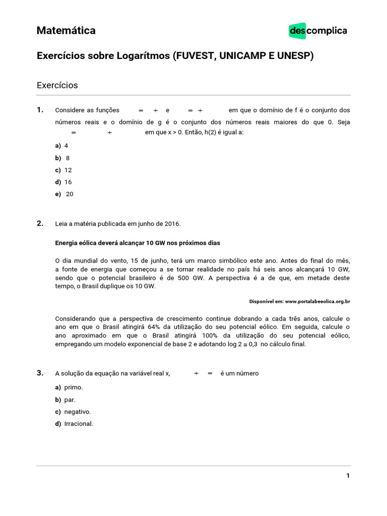 Exercíciosbixo-Matemática-Exercícios Sobre Logarítmos (FUVEST, UNICAMP E UNESP) - 28-08-2019 ...