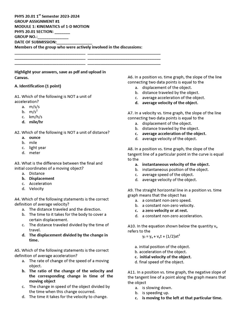 Physics Group Assignment #1 - Answer Key | PDF