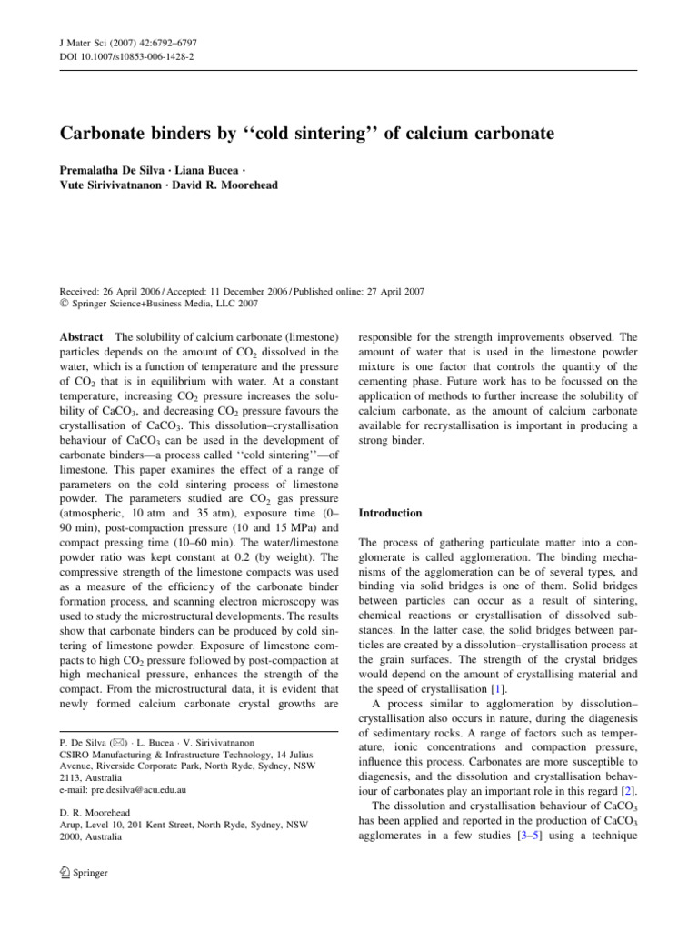 Carbonate Binders by Cold Sintering'' of Calcium Carbonate | PDF