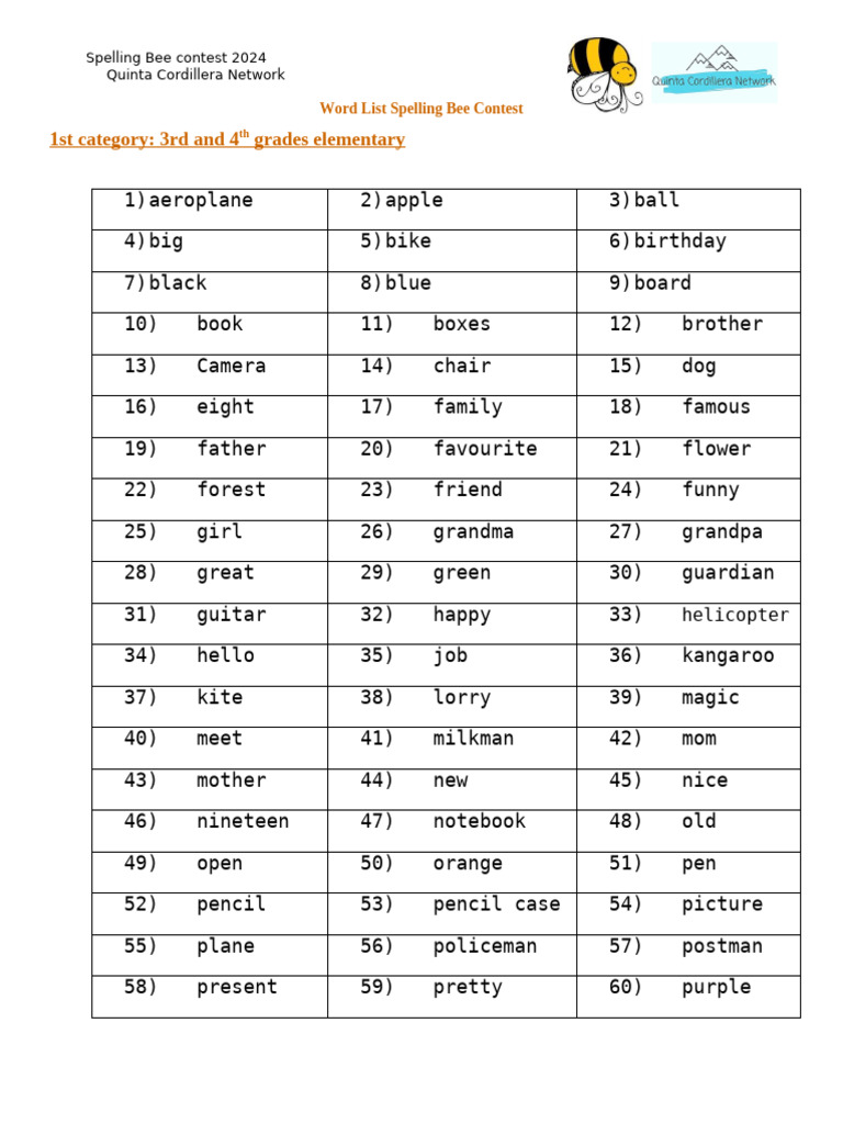 Word List Spelling Bee 2024 | PDF
