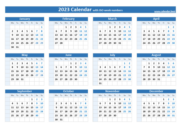 2023 Calendar With Iso Week Numbers Landscape Blue | PDF