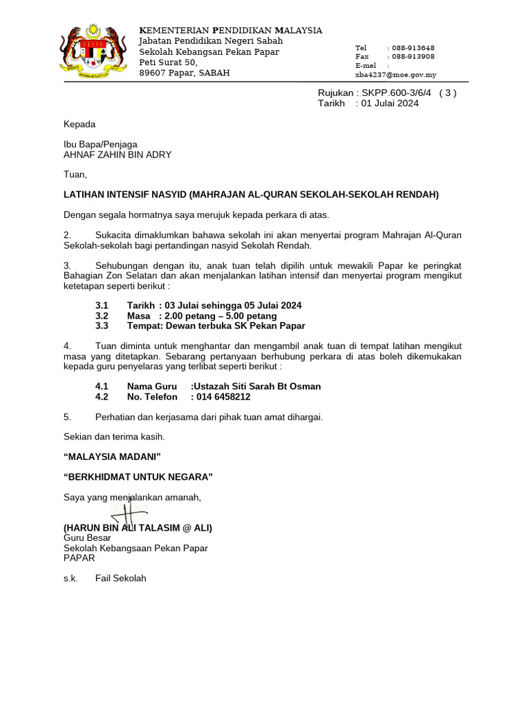 Surat Makluman Nasyid 2 - 24 | PDF