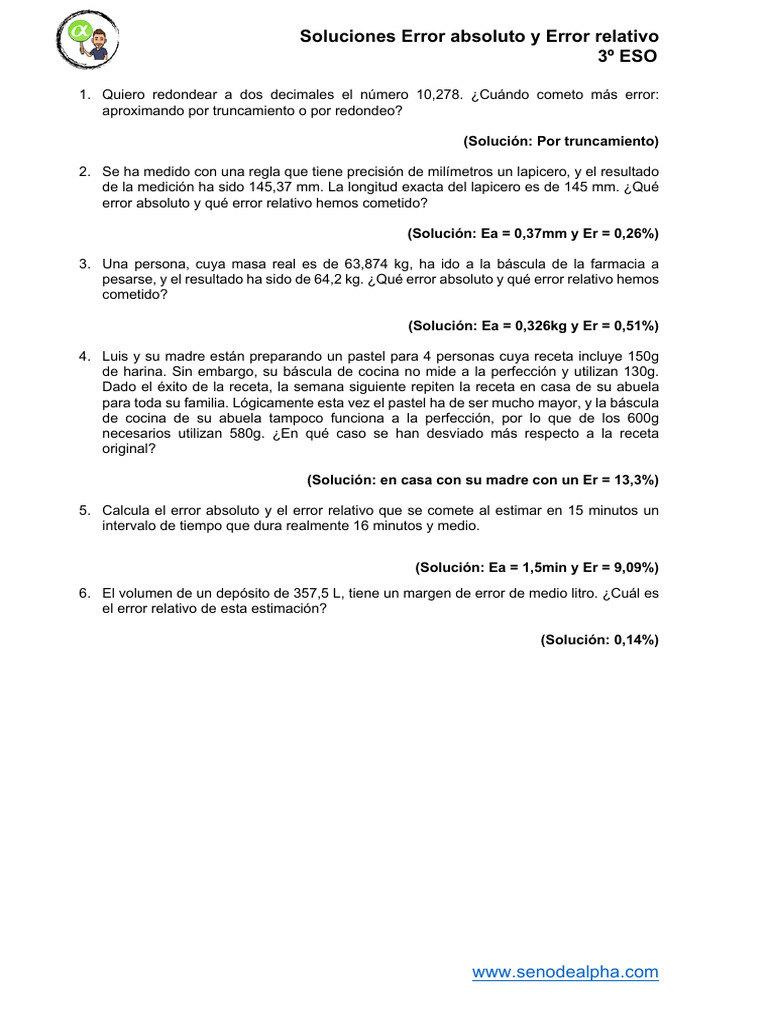 Soluciones Ejercicios Error Absoluto Error Relativo 3ESO | PDF