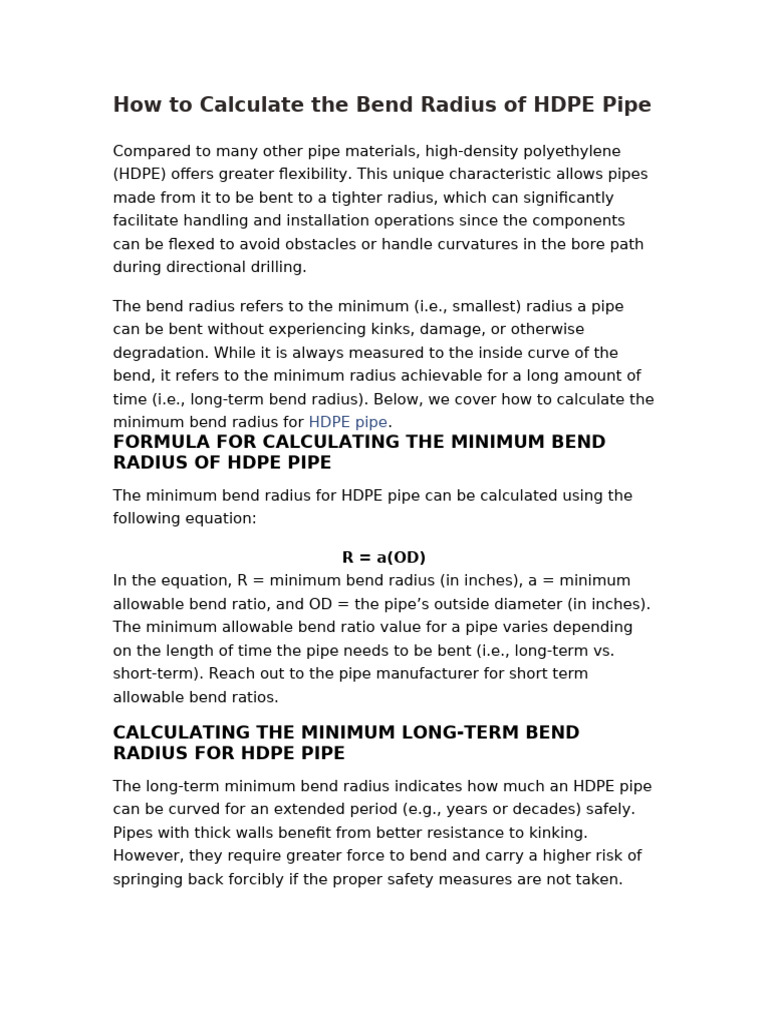 How To Calculate The Bend Radius of HDPE Pipe | PDF