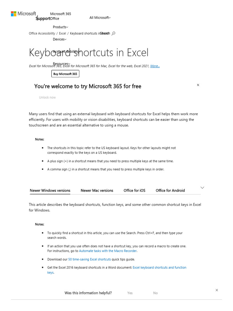 Keyboard Shortcuts in Excel - Microsoft Support | PDF | Microsoft Excel | Computer Keyboard