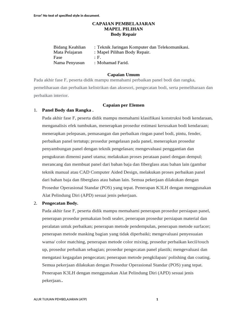 M. Farid CP ATP Fase F Mapel Pilihan Body Repair | PDF