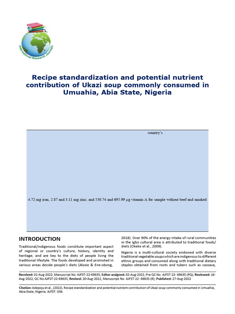 Recipe Standardization and Potential Nutrient Contribution of Ukazi ...