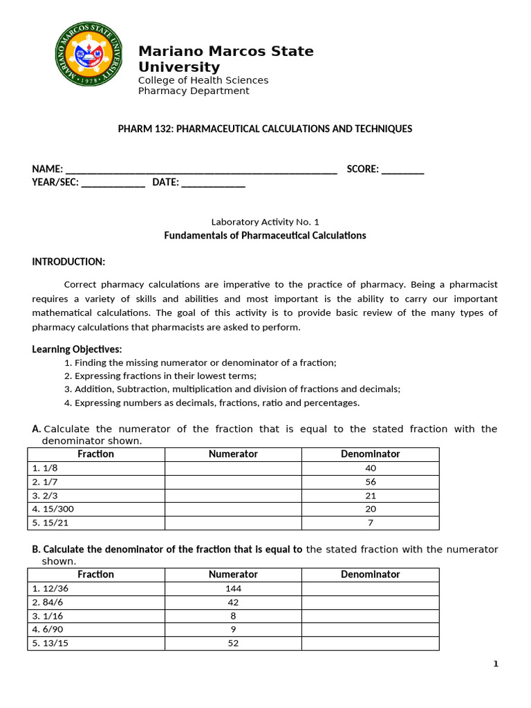 Laboratory Exercise No. 1 Fundamentals of Pharmaceutical Calculations | PDF