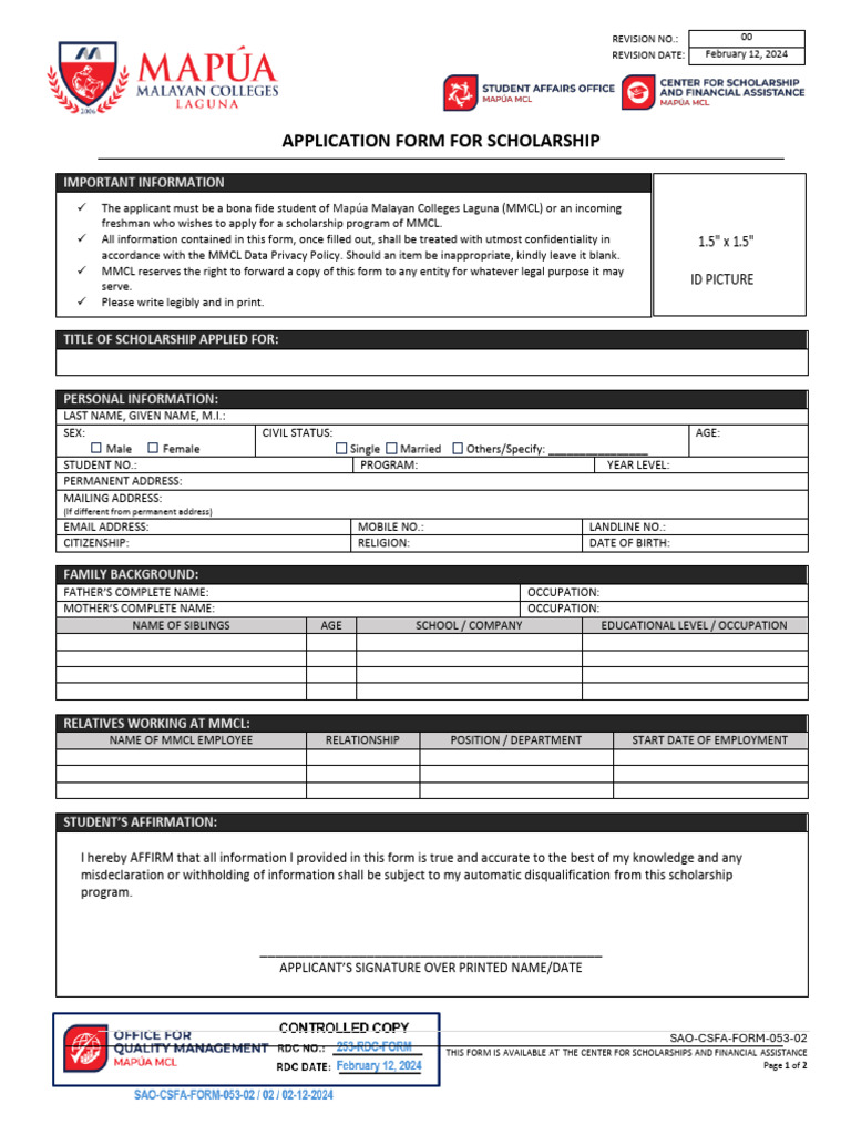 SAO CSFA FORM 053 02 - Application Form For Scholarship 1 | PDF