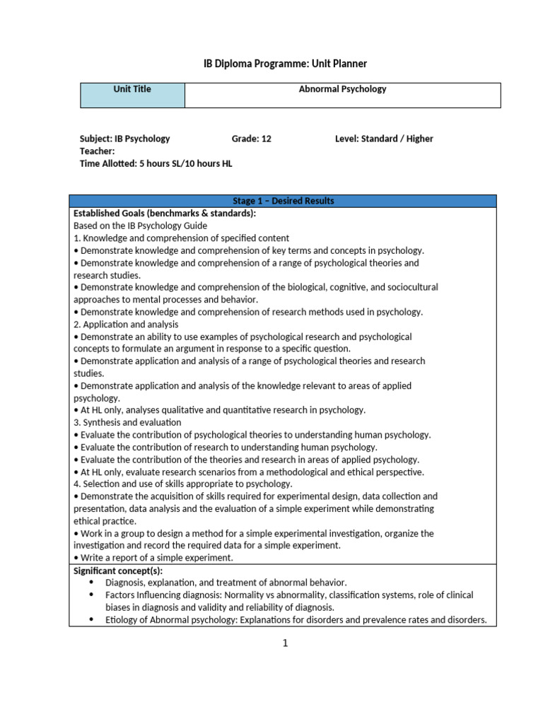 IB Diploma Programme: Unit Planner: Unit Title Abnormal Psychology | PDF